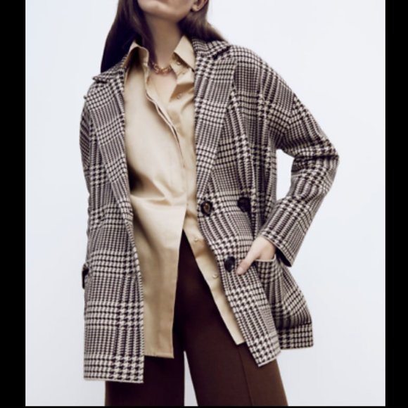 Zara | Jackets & Coats | Zara Woman New Houndstooth Plaid Knit Blazer Jacket Brown 687357 S M L ...
